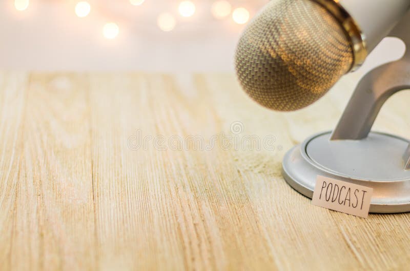 Podcast Idea Concept with Microphone on Wooden Table Stock Image ...