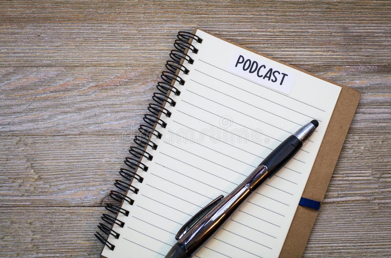 Podcast Idea Concept with Notebook on Wooden Board, Flat Lay Stock ...