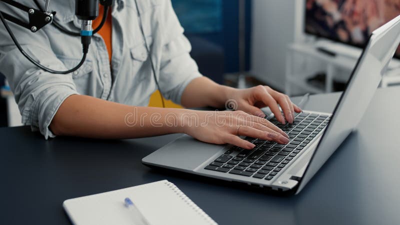 Podcast Internet Show Host Typing on Computer while Talking To Public ...