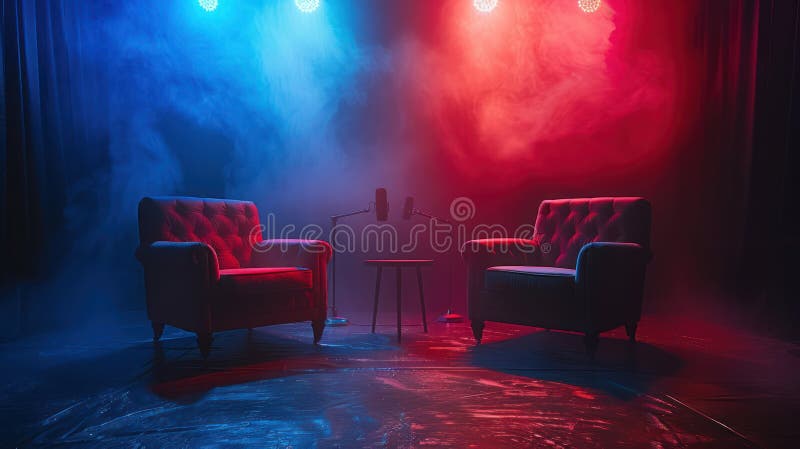 Podcast/Interview Setup: Two Chairs & Microphones on Dark Background ...