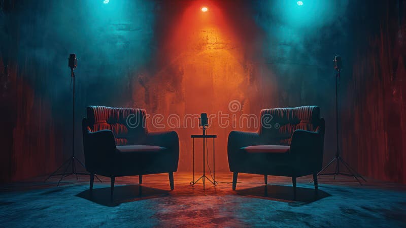 Podcast/Interview Setup: Two Chairs & Microphones on Dark Background ...