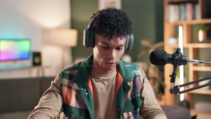 Podcast, Man and Talking with Microphone in Office, Content Creator and ...