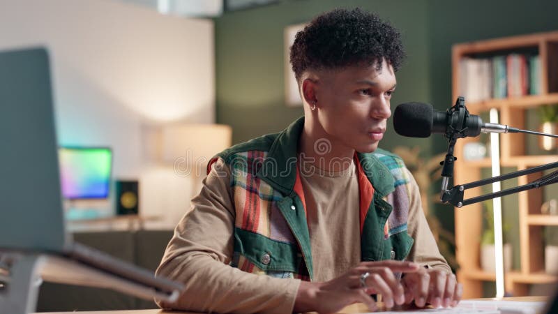 Podcast, Man and Typing with Mic in Studio, Content Creator and Tech ...