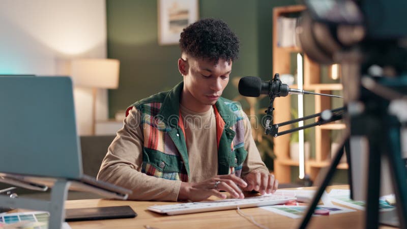 Podcast, Man and Typing with Microphone in Office, Content Creator and ...
