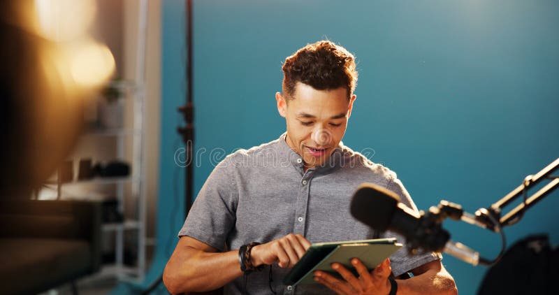 Podcast, Microphone and Man with Tablet in Studio for Social Media ...