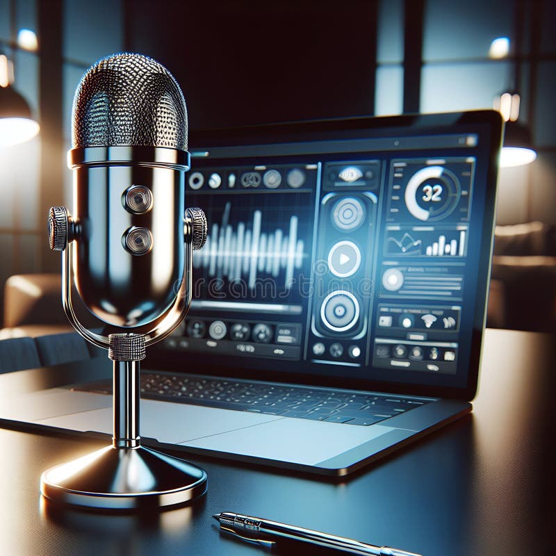 Podcast Microphone with Metal Finish Placed on a Table in Front of a ...