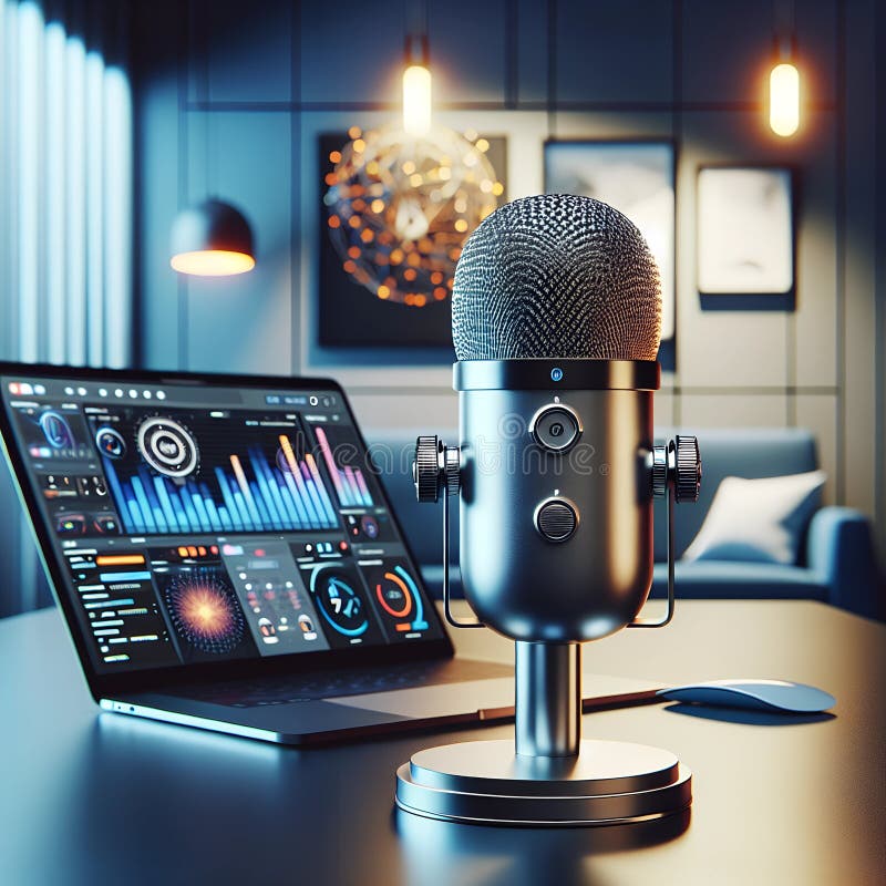 Podcast Microphone with Metal Finish Placed on a Table in Front of a ...