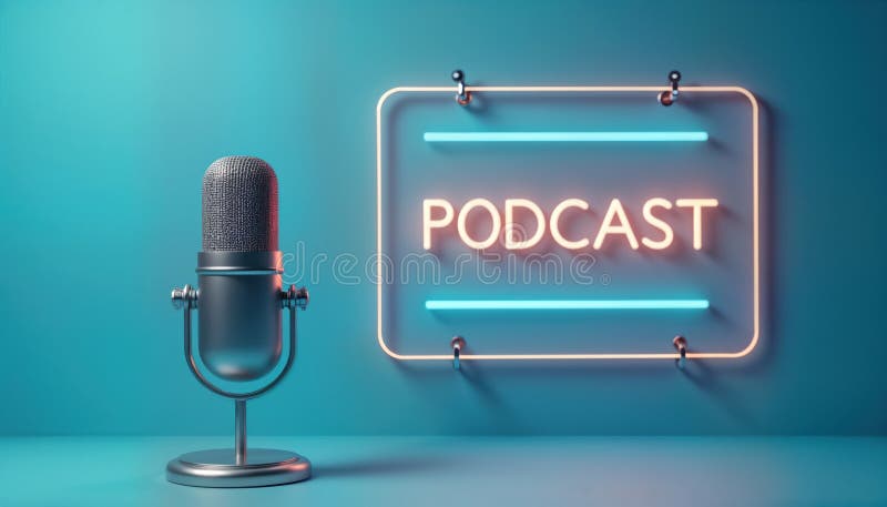 Podcast Microphone with Neon Frame on a Blue Background. Modern Audio ...