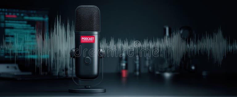 The Podcast Microphone with Sound Wave Visualization in a Modern Studio ...