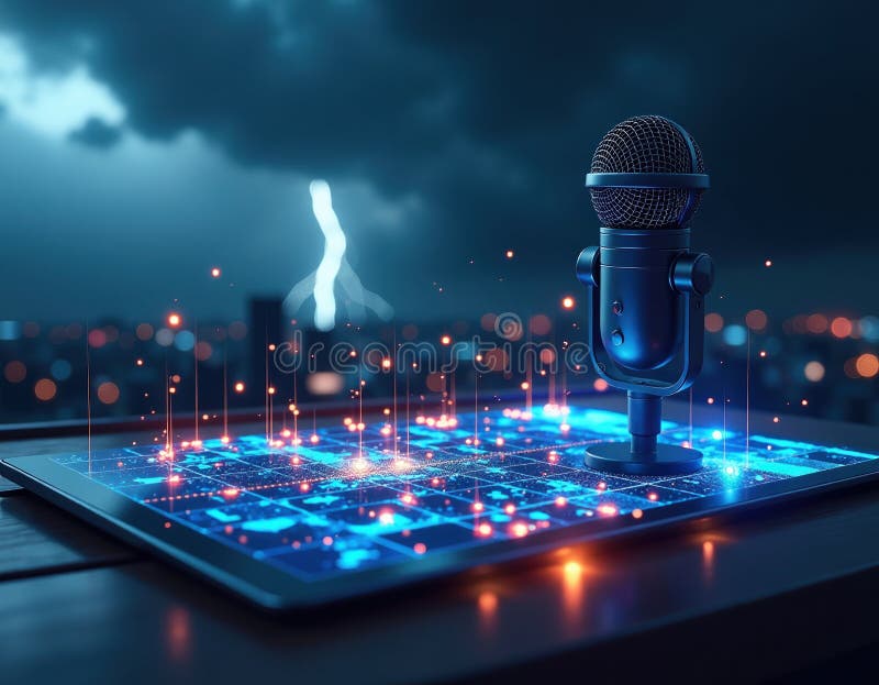 Podcast Microphone on Tablet with Global Network Data Visualization ...