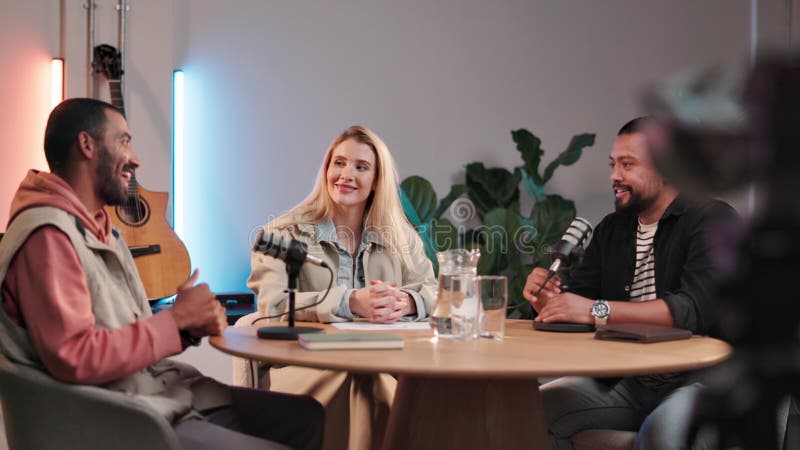 Podcast, Presenter and People with Mic for Interview, Conversation and ...