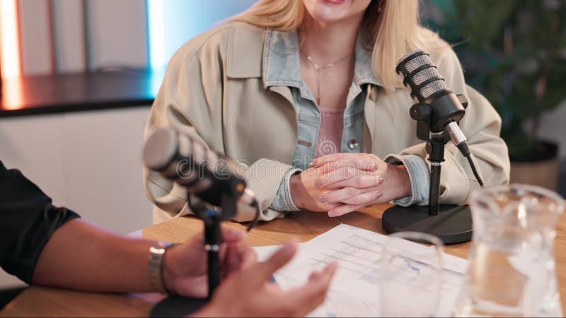 Podcast, Presenter and People with Microphone for Conversation ...