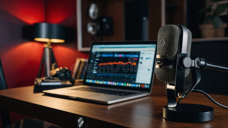 Podcast Recording Setup: Laptop and Microphone for Online Broadcasting ...