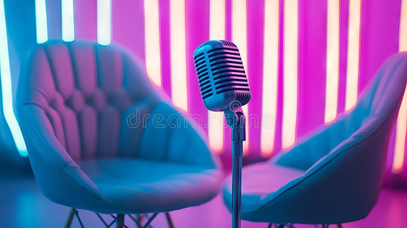 A Podcast Recording Studio with Two Modern Chairs and a Microphone Lit ...