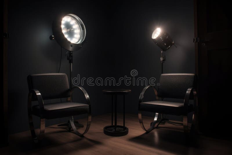 Two Chairs and Spotlights in Podcast or Interview on Black Background ...