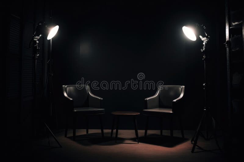 Podcast Room Interior with Two Empty Chairs and Spotlights. Generative ...