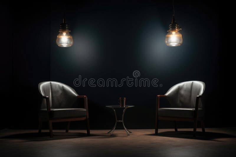 Podcast Room Interior with Two Empty Chairs and Spotlights. Generative ...
