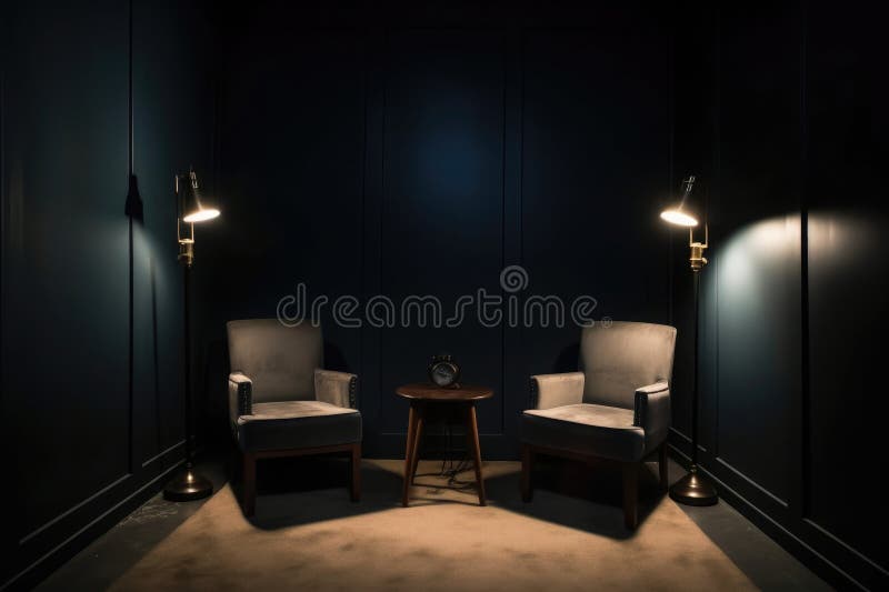 Two Chairs and Spotlights in Podcast or Interview on Black Background ...
