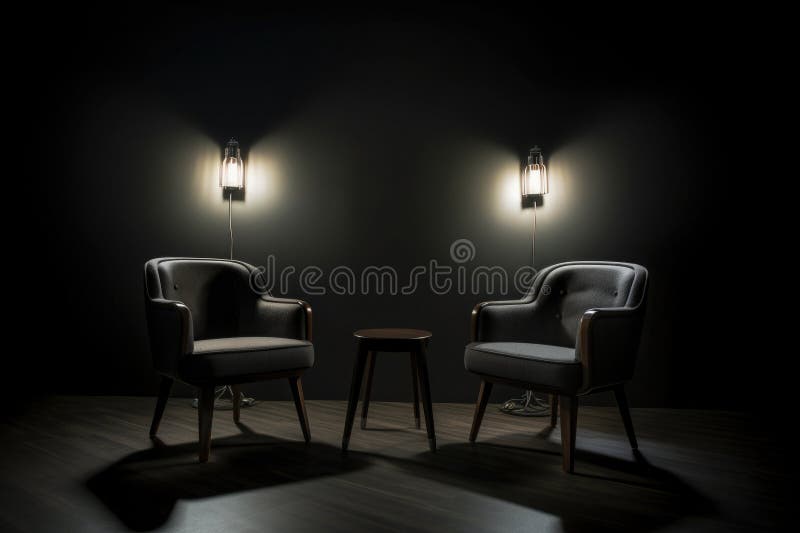 Podcast Room Interior with Two Empty Chairs and Spotlights. Generative ...