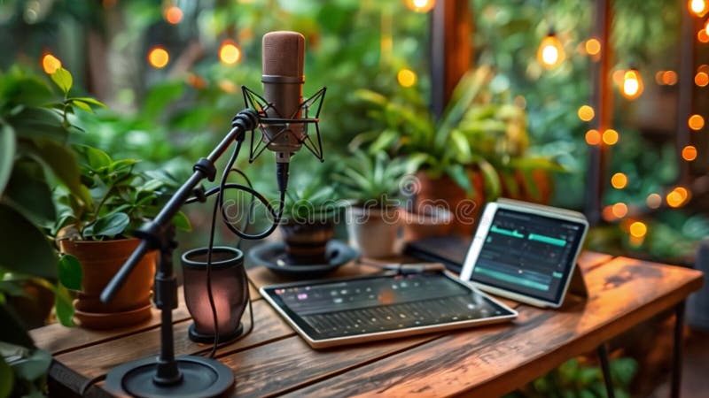 A Podcast Setup with a Microphone, Tablet, and Plants. Podcast and ...
