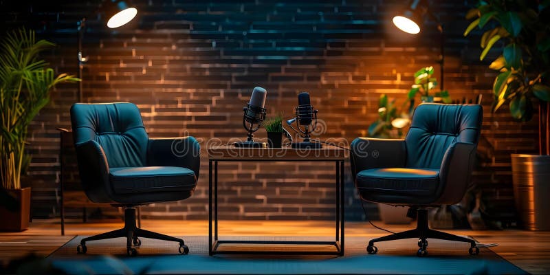 Podcast Setup with Two Chairs Microphones and Dark Background for Media ...