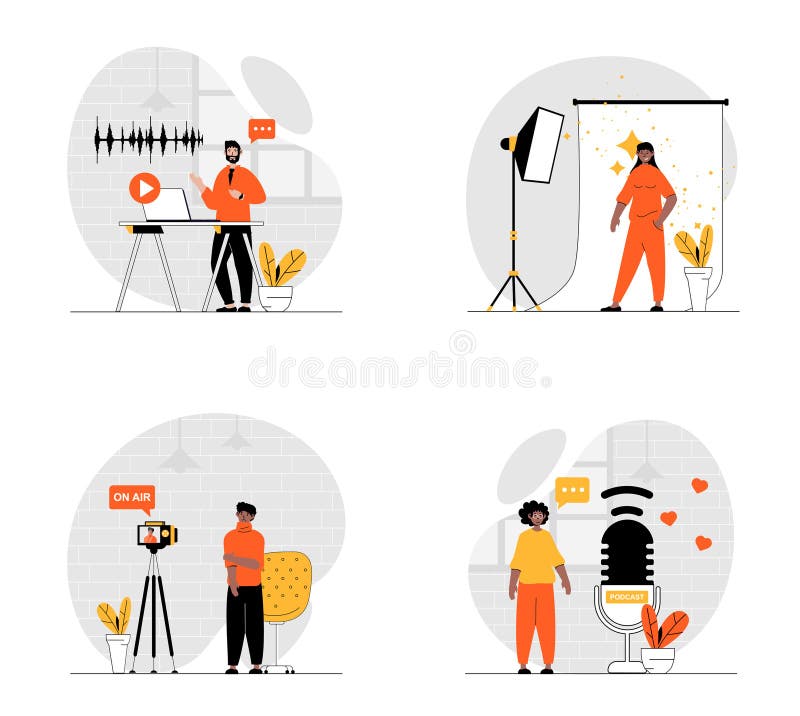 Podcast Streaming Concept with Character Set. Vector Illustrations ...