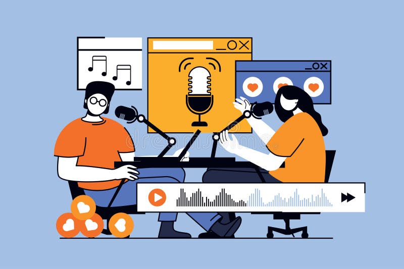 Podcast Streaming Concept with People Scene in Flat Design for Web ...