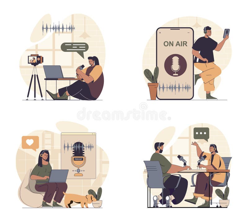 Podcast Streaming Concept Scenes Set in Flat Web Design. People in Situations of Broadcasting ...
