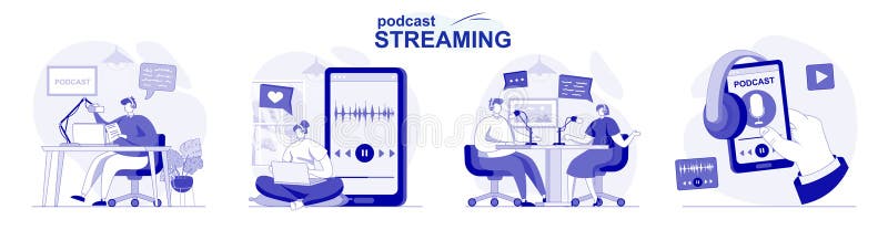 Podcast Streaming Isolated Set in Flat Design. People Make Online ...
