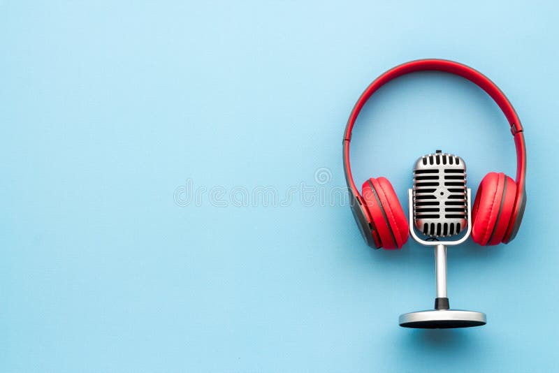 Podcast and Streaming Record. Microphone and Headphones on Table, Top ...