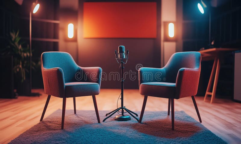 Podcast Studio Setup Featuring Two Stylish Chairs and a Microphone on a ...