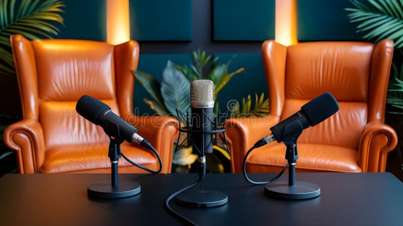 Podcast Studio Setup with Three Microphones and Leather Armchairs Stock ...