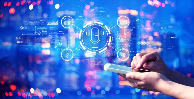 Podcast Theme with Person Using a Smartphone at Night Stock Photo ...