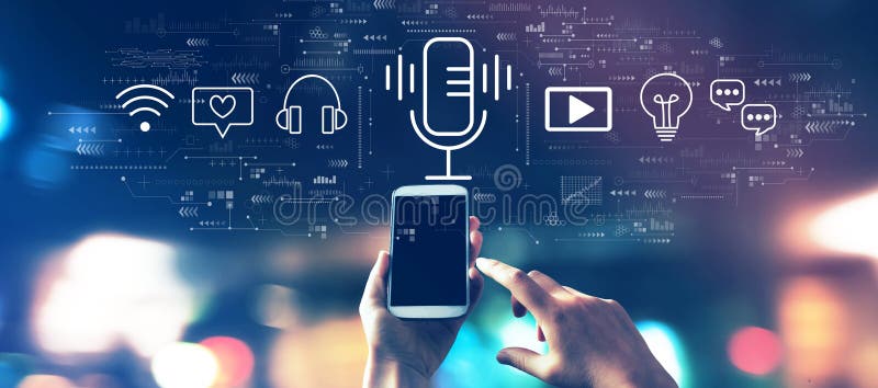 Podcast Theme with a Smartphone in City Lights at Night Stock Image ...
