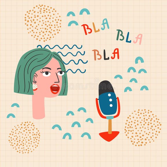 Podcast Vector Illustration with Talking Woman, Microphone, Bla Bla ...