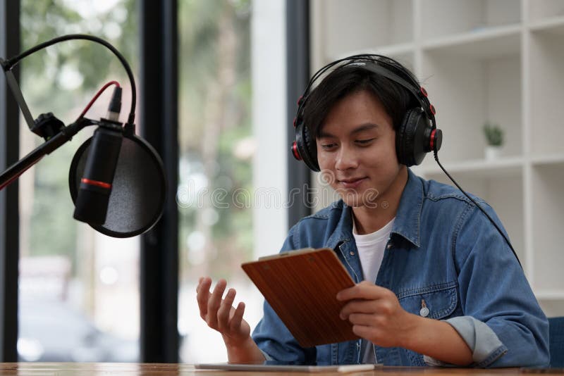 Podcaster Making Audio Podcast Working at Home Studio Stock Photo ...