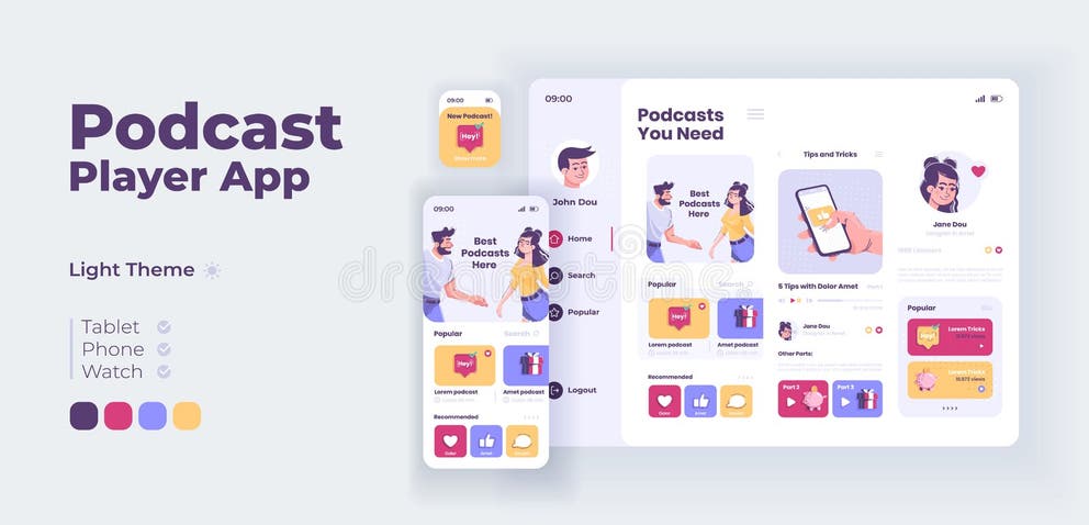 Podcasts Player App Screen Vector Adaptive Design Template Stock Vector ...