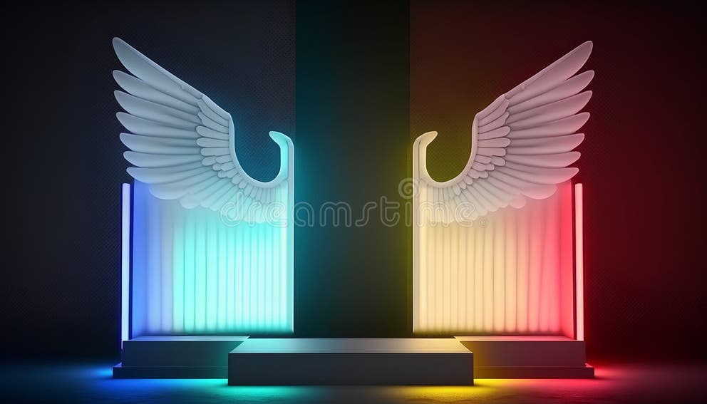 Podium with Angel Wings Illuminated in Neon Light. 3d Render Stock ...