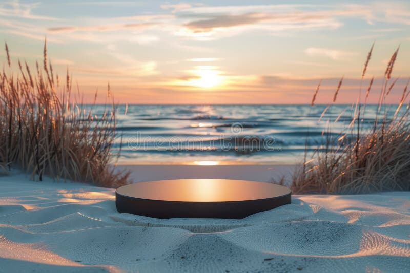 A Black Circular Platform Rests on Sandy Beach with a Stunning Sunset ...