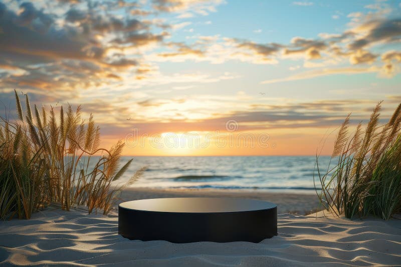 A Black Circular Platform Rests on a Sandy Beach at Sunset Stock ...