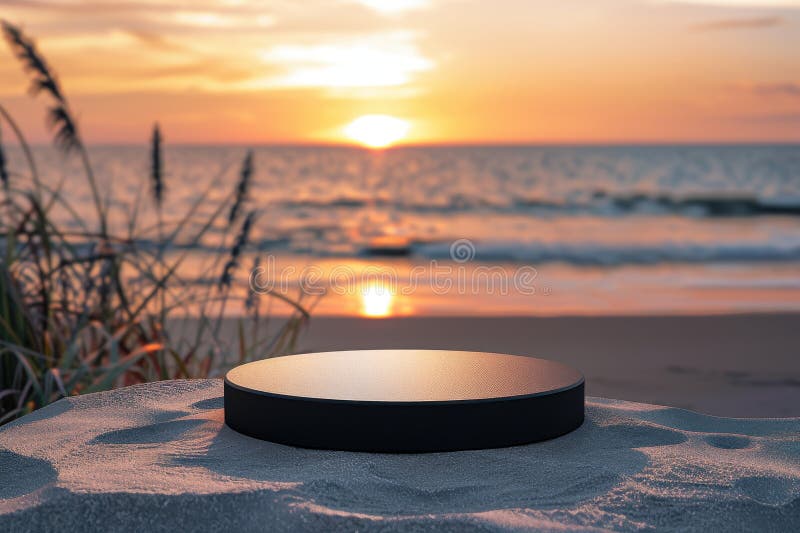 Black Circular Platform on a Sandy Beach at Sunset Stock Illustration ...