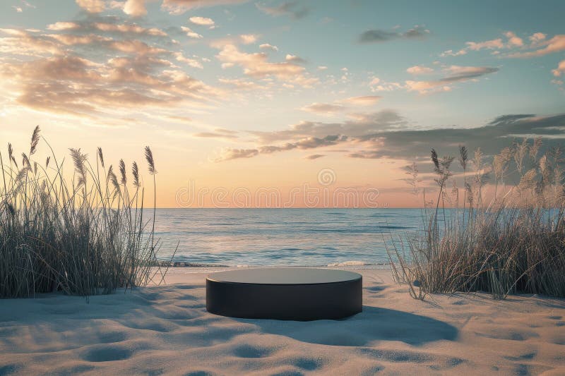 A Black Circular Platform Stands on a Sandy Beach at Sunset Stock ...