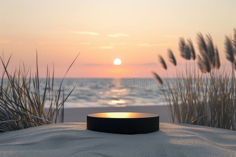 A Black Cylindrical Platform on a Sandy Beach with a Sunlit Horizon ...