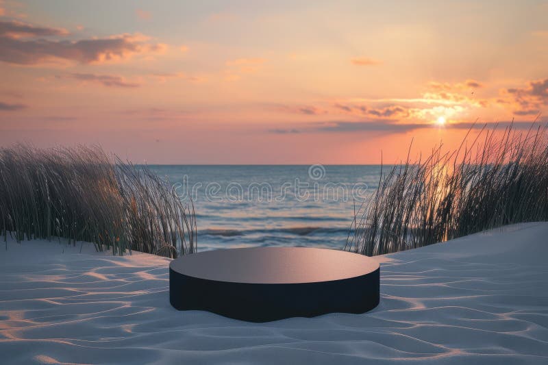 A Black Platform Resting on White Sand with a Sunset Over the Ocean in ...