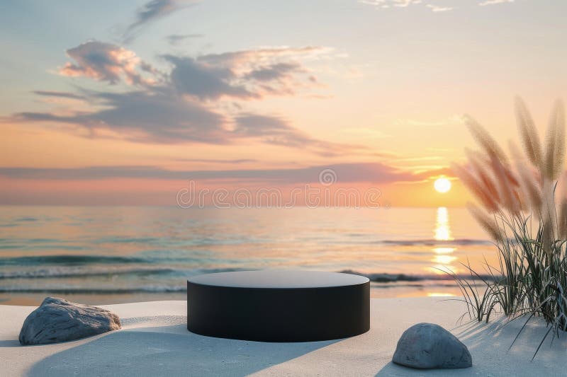 Black Platform on Sandy Beach at Sunset Stock Illustration ...