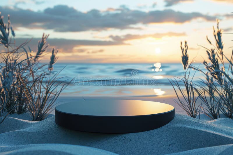 A Circular Platform Resting on Sand Framed by Grass and a Blurry Sunset ...