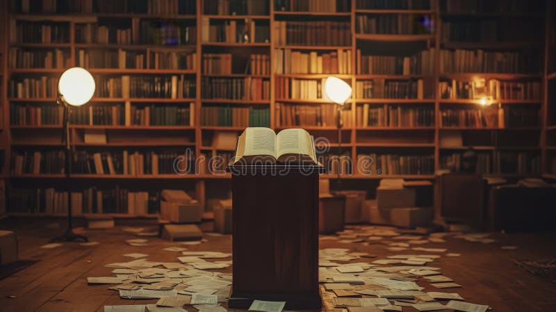 A Podium with a Bookshelf Backdrop, Soft Lighting, and Scattered Book ...