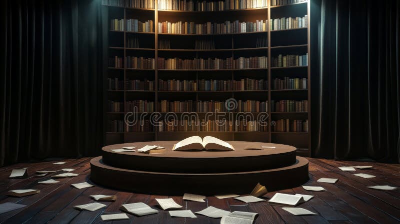 A Podium with a Bookshelf Backdrop, Soft Lighting, and Scattered Book ...