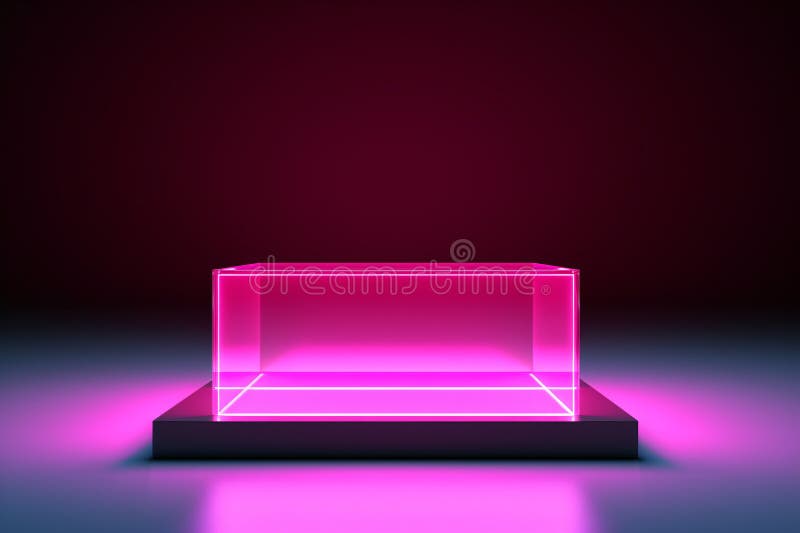 A Podium Clear Glass Box Illuminated by Pink Neon Light Sits on a Dark ...