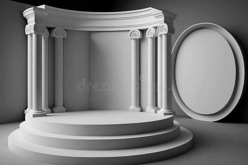 Podium with Columns and Round Mirror in Dark Room, 3d Render Stock ...